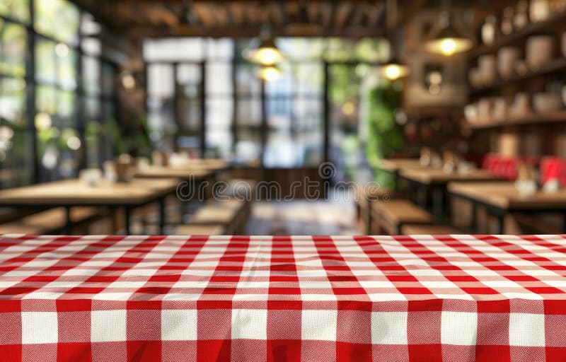 An Empty Table with Checkered Tablecloth in Front of a Restaurant Stock ...