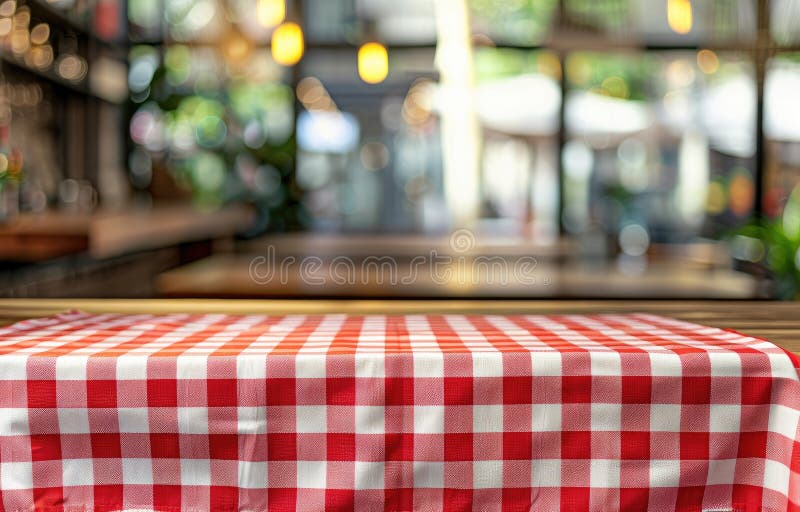An Empty Table with Checkered Tablecloth in Front of a Restaurant Stock ...