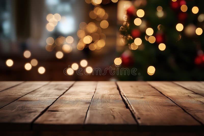 Empty Table with Christmas Tree and Lights in Background Stock ...