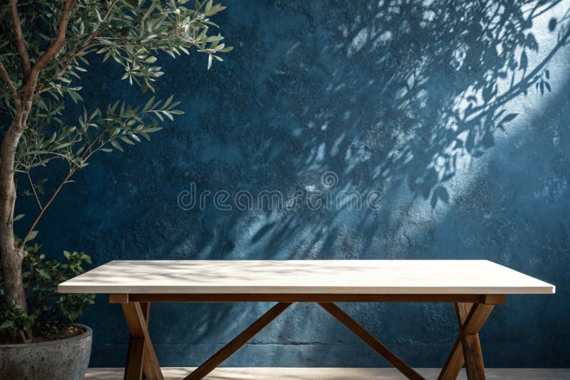 Empty Table with Foliage Shadow on Dark Blue Background Stock ...