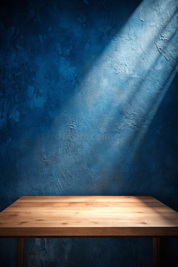 Empty Table on Dark Blue Wall Background with Shadows for Product ...
