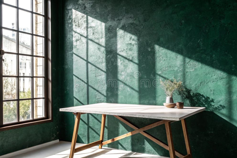 Empty Table with Dark Green Plaster Wall Stock Illustration ...
