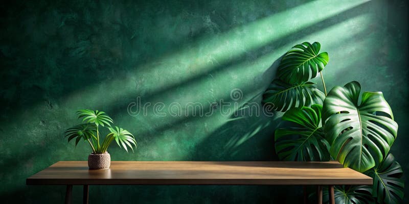 Empty Table on Dark Green Texture Wall Background. Composition with ...