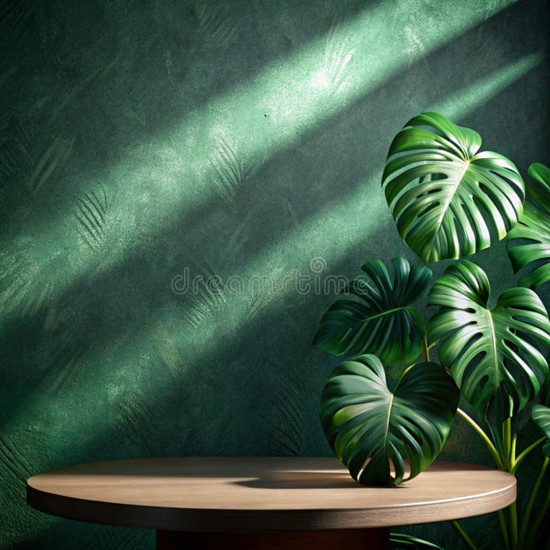 Empty Table on Dark Green Textured Wall with Monstera Shadows for ...