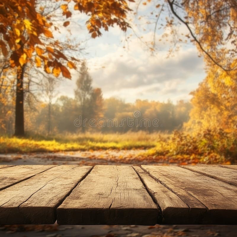Empty Table for Display Montages with Autumn Landscape in the ...