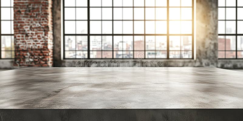 Empty Table Displaying Products with City View in Background Stock ...