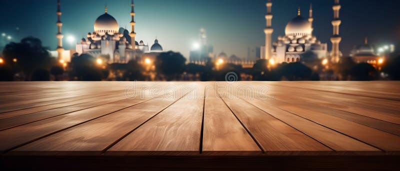 Empty Table in Front of Blurred Mosque Background. Generative AI Stock ...