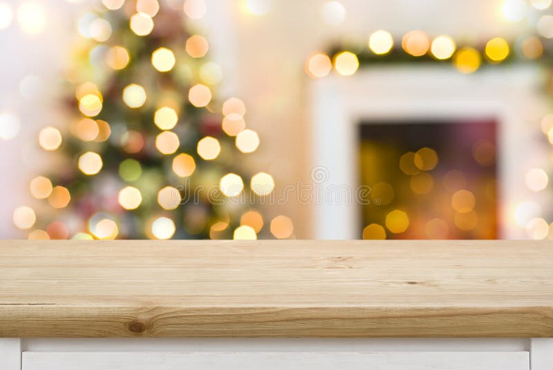 Empty Table in Front of Christmas Tree and Fireplace Decorations Stock ...