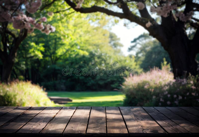Empty Table Mock Up with Cherry Blossom Tree Background Spring View Ai ...
