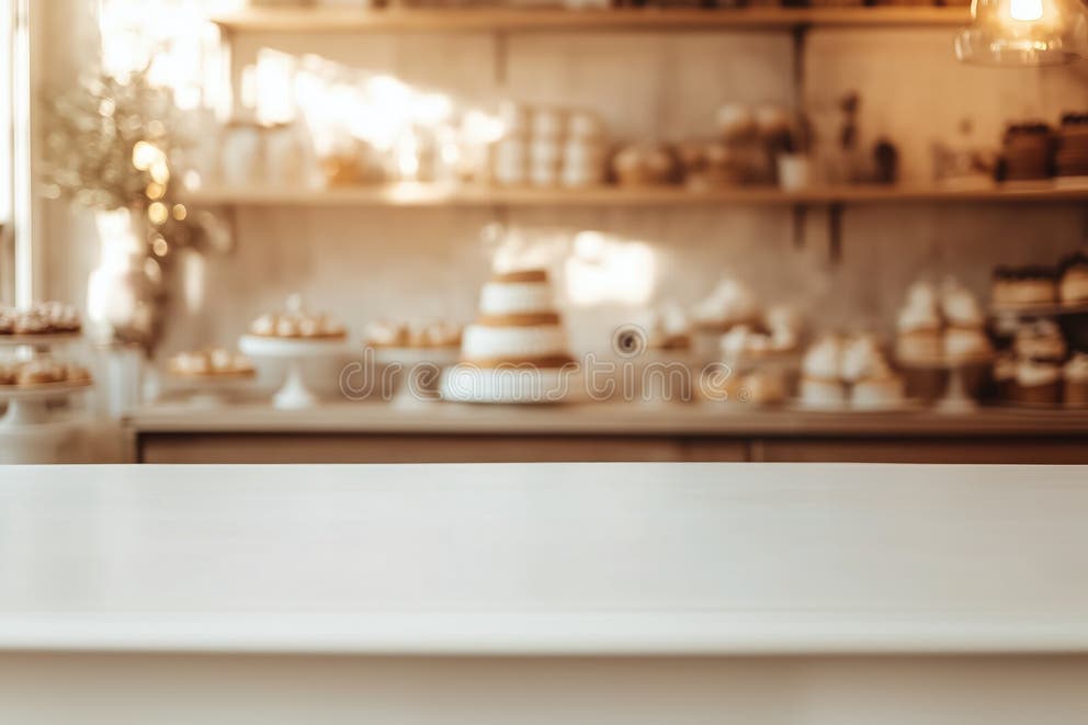 Empty Table Presenting Delicious Cakes and Pastries in Bakery Display ...