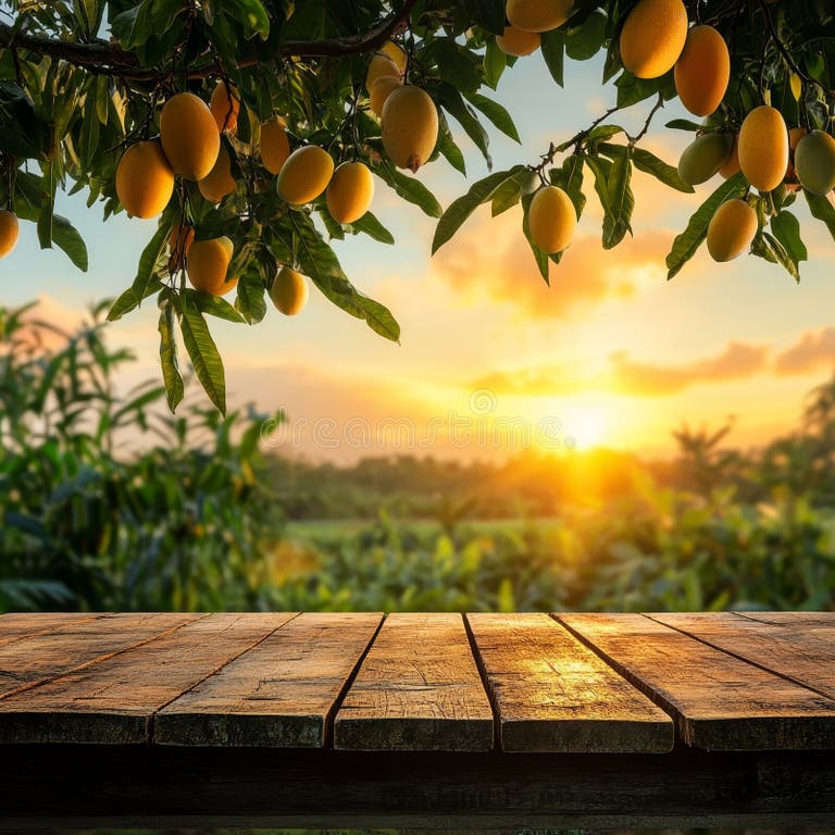 Empty Table for Product Display Montages with Mango Tree and Sunset ...