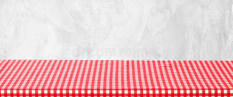 Empty Table with Red and White Check Pattern Tablecloth Over White Wall ...
