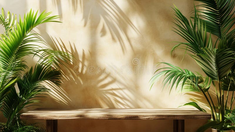 Empty Table with Tropical Leaves and Beautiful Shadows. Minimalist Boho ...