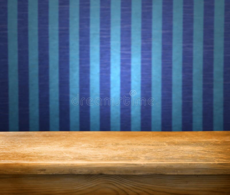 Empty Wooden Deck Table Over Checked Red Wallpaper. Vintage Kitchen ...