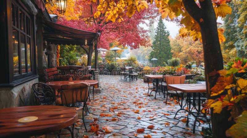 Empty Tables in a Cozy Outdoor Cafe Surrounded by Autumn Foliage Stock ...