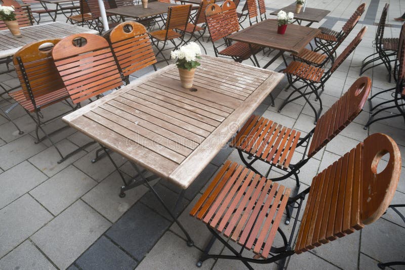 Empty tables outdoor stock image. Image of wooden, closed - 97732201