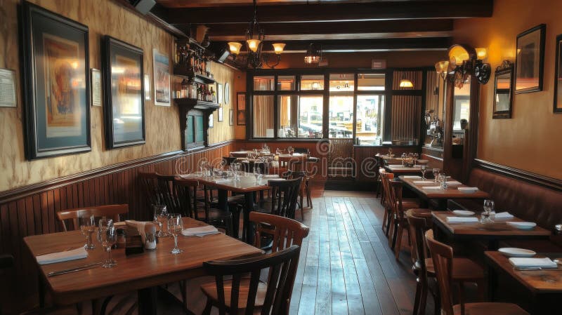 Empty Tables Set for Dinner in a Warmly Lit Restaurant Interior Stock ...