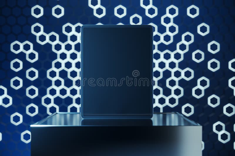 Empty Tablet Screen on Pedestal with Mock Up Place and Hexagonal ...