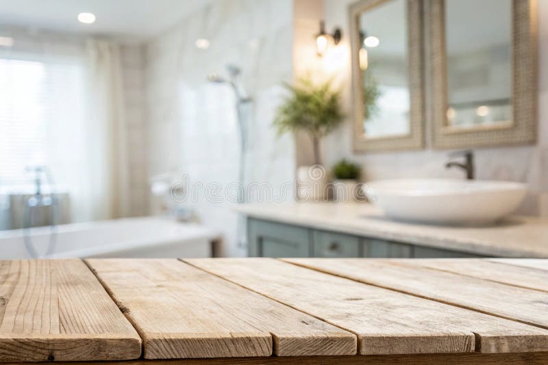 Empty Tabletop for Product Display with Blurred Bathroom Background ...