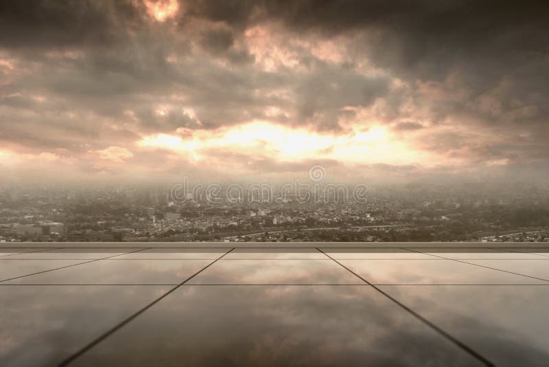 Empty Terrace with Modern Building and Skyscrapers View Stock Photo ...