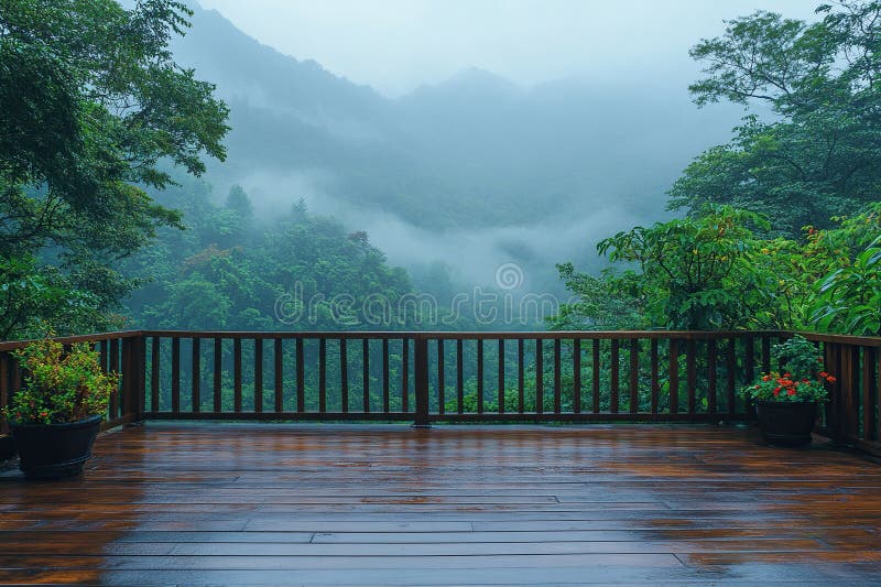 Empty Terrace Overlooking Misty Mystical Forest Stock Photo - Image of ...