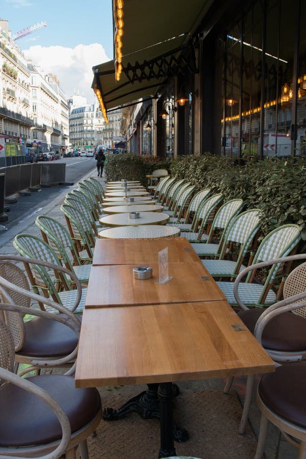 Empty Terrace in Paris. Round and Square Tables Stock Photo - Image of ...