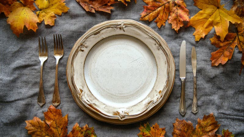 Empty Thanksgiving Plate with Fork and Knife beside it Stock ...