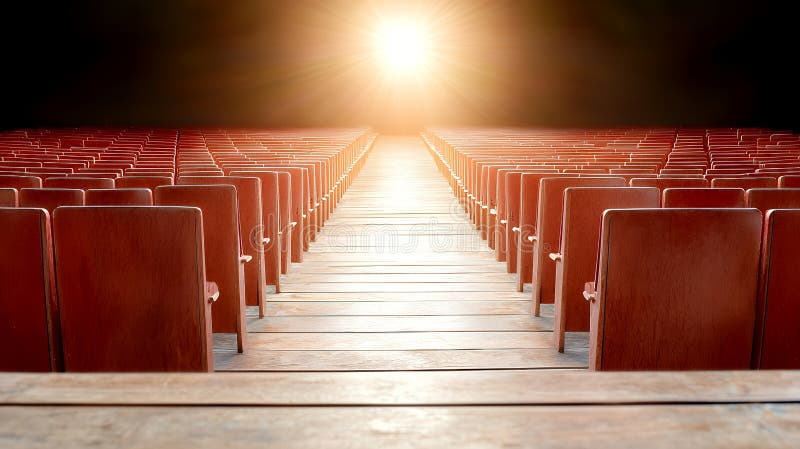 Empty Theater Auditorium with Row of Seats and Bright Light Above Stock ...