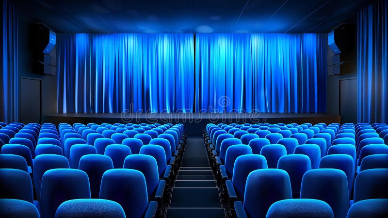Empty Theater with Blue Seats and Stage Curtains Stock Illustration ...