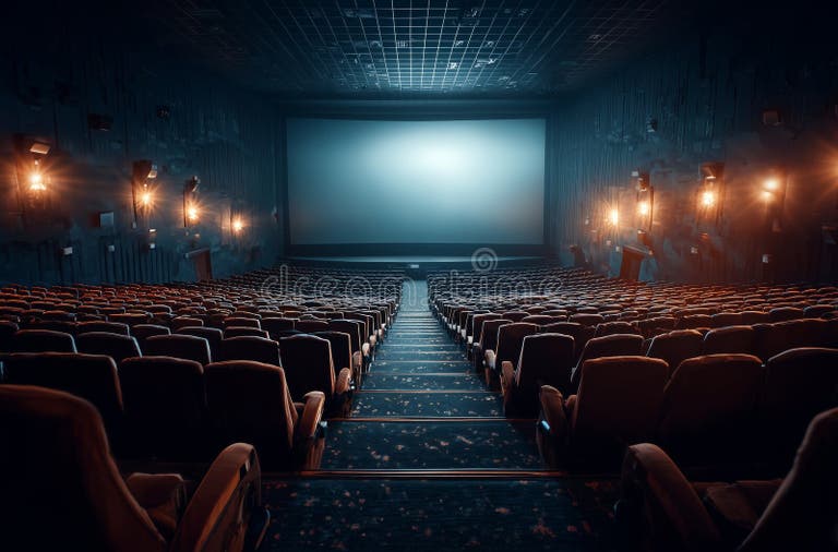 Empty Theater with Dim Lighting and a Large Projection Screen Ready for ...