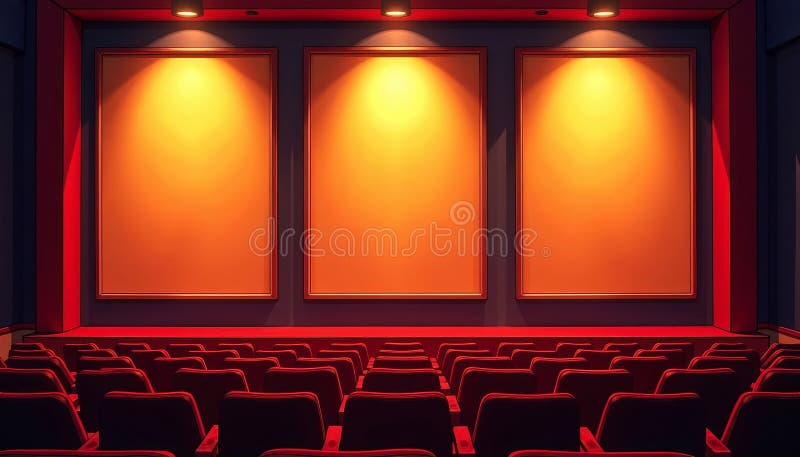 Empty Theater with Illuminated Movie Screens and Rows of Red Seats ... Empty Theater with Illuminated Movie Screens and Rows of Red Seats ...