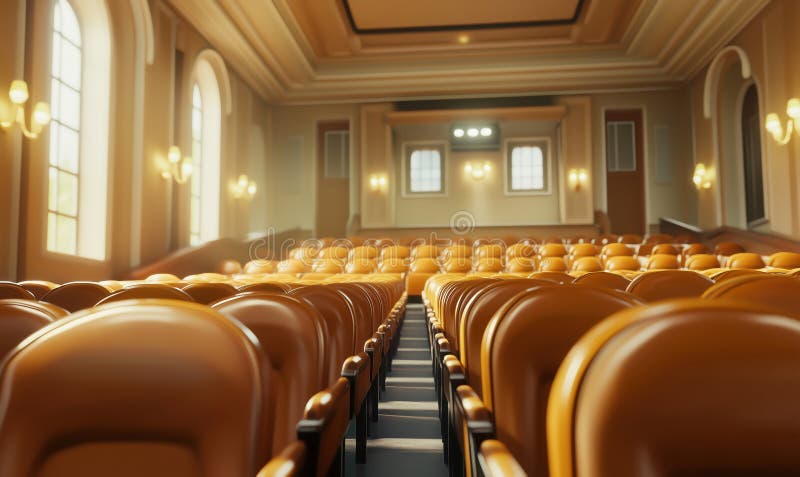 Empty Theater Interior with Rows of Orange Seats and Elegant ...