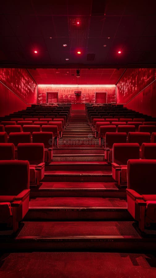Empty Theater with Red Lighting and Seats, Front View. Modern Cinema ...