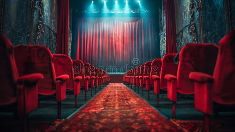 Empty Theater with Red Seats and a Dramatic Stage Stock Photo - Image ...