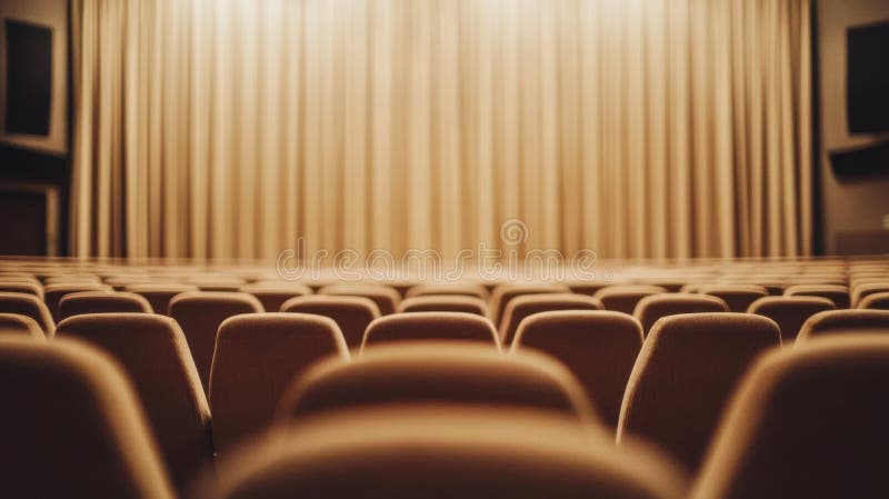 Empty Theater with Rows of Brown Chairs Facing a Closed Stage Curtain ...