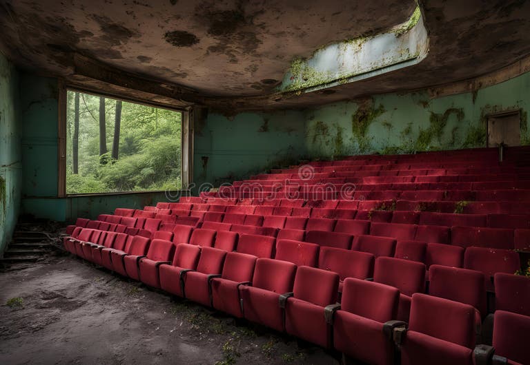 An Empty Theater with Rows of Red Seats in a Deteriorating Interior Stock Illustration ...