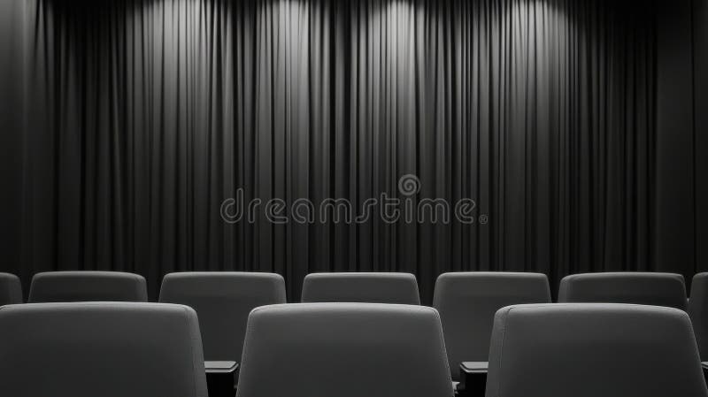 Empty Theater Seating with Rows of Black Chairs and Stage Curtains ...