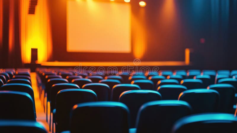 Empty Theater Seats with Illuminated Stage Backdrop Stock Image - Image ...