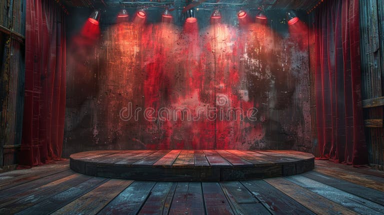 Empty Theater Stage with Dramatic Red Lighting and Rustic Backdrop ...