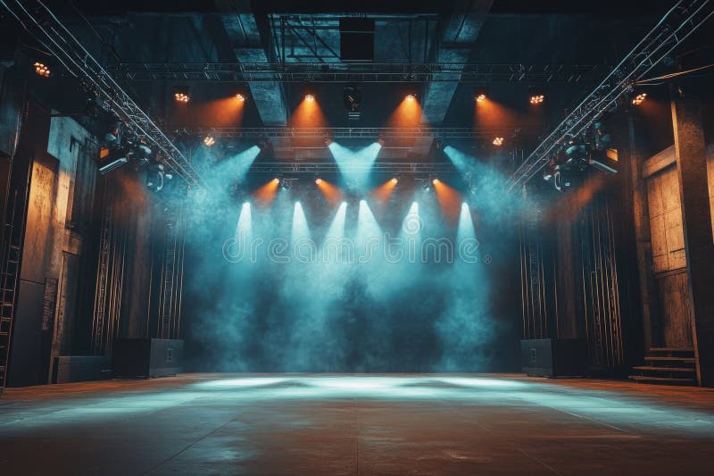 Empty Theater Stage Illuminated by Bright Spotlights and Atmospheric ...