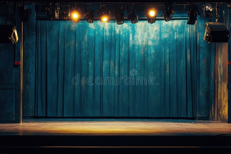 Empty Theater Stage Illuminated by Warm Lights Featuring Rich Blue ...