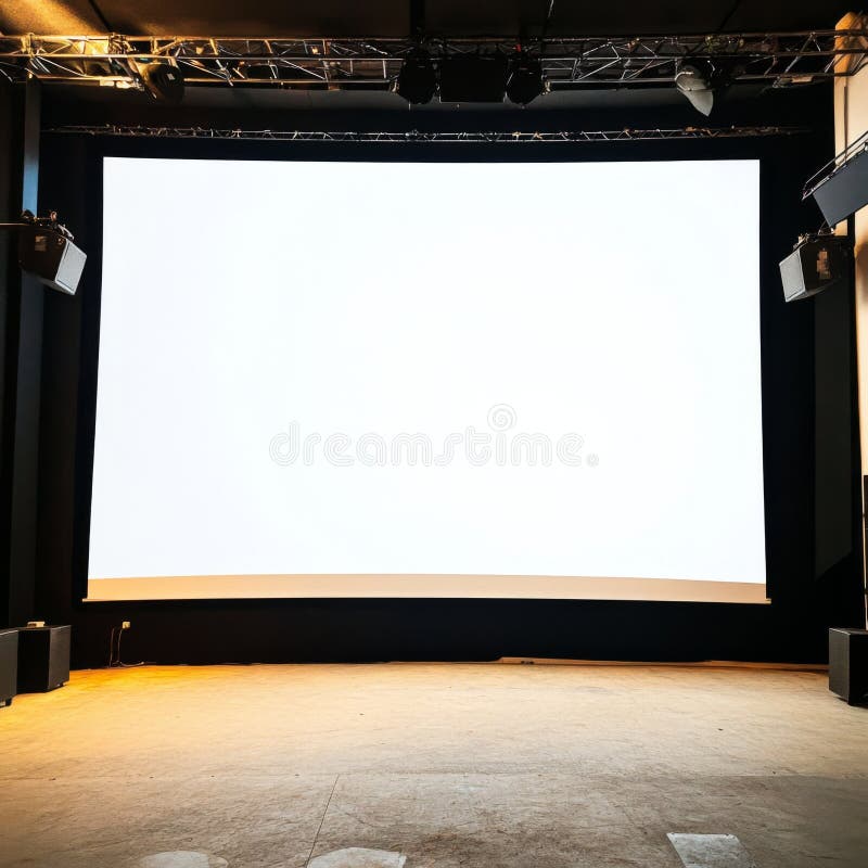 Empty Theater Stage with Large White Projection Screen in Dark ...