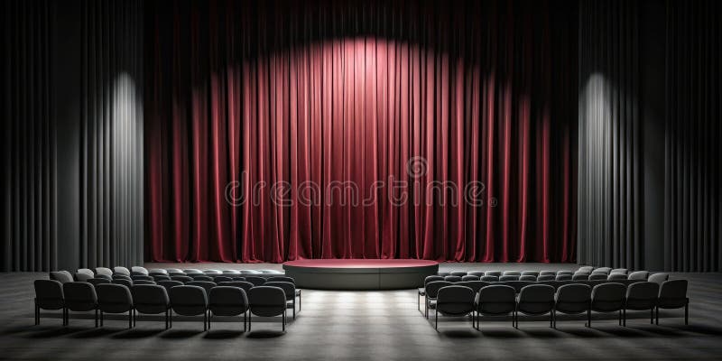 Empty Theater Stage with Maroon Curtains and Rows of Seats Ready for a ...