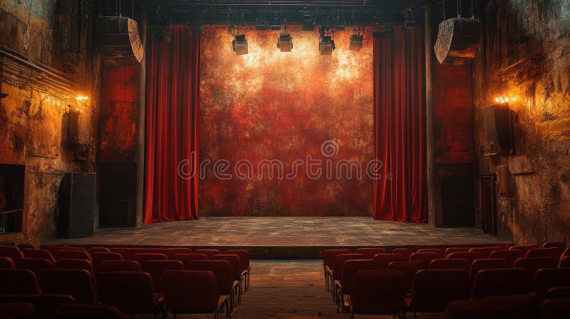 Empty Theater Stage with Red Curtains and Audience Seating Stock ...