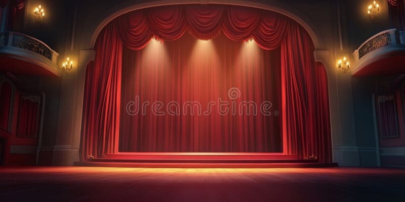 Empty Theater Stage with Vibrant Red Curtains Illuminated by Dramatic ...