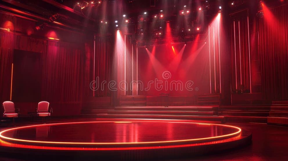 Empty Theatrical Stage Bathed in Dramatic Red Lighting with Spotlights ...