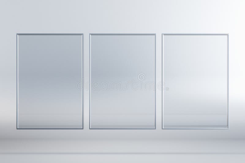 Empty Three Rectangular Glass Frame Posters on White Background. 3D ...