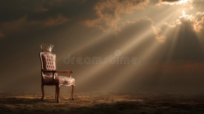 Empty Throne with Crown Under Dramatic Sun Rays in Mystical Landscape ...