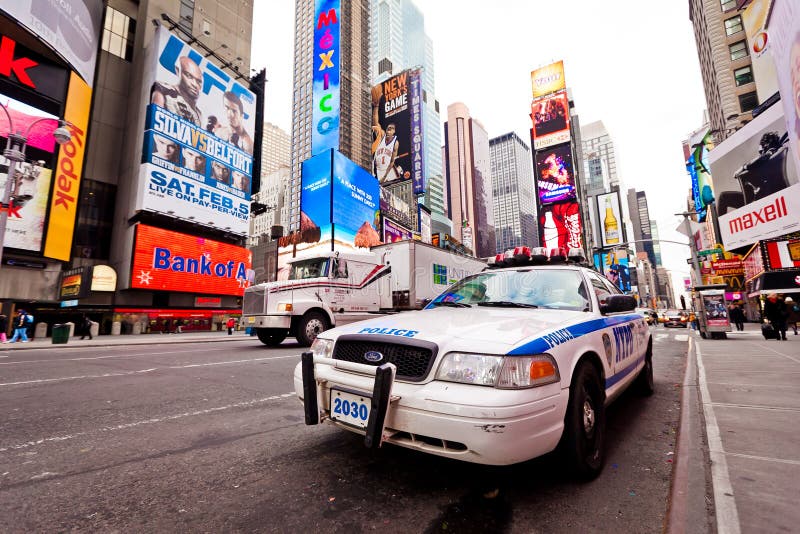 Empty Times Square In Morning With NYPD Car In For Editorial Stock ...