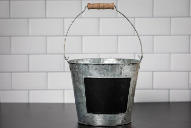 Empty Tin Bucket Unlabeled Add Message White Subway Tile Background ...